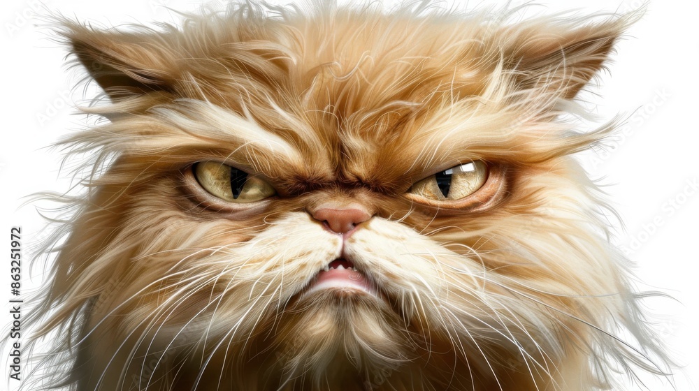 Illustration of a grumpy cat with long fur and yellow eyes on a ...