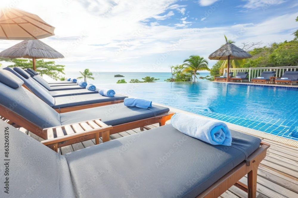 Luxurious modern white beach hotel with an infinity pool overlooking a ...
