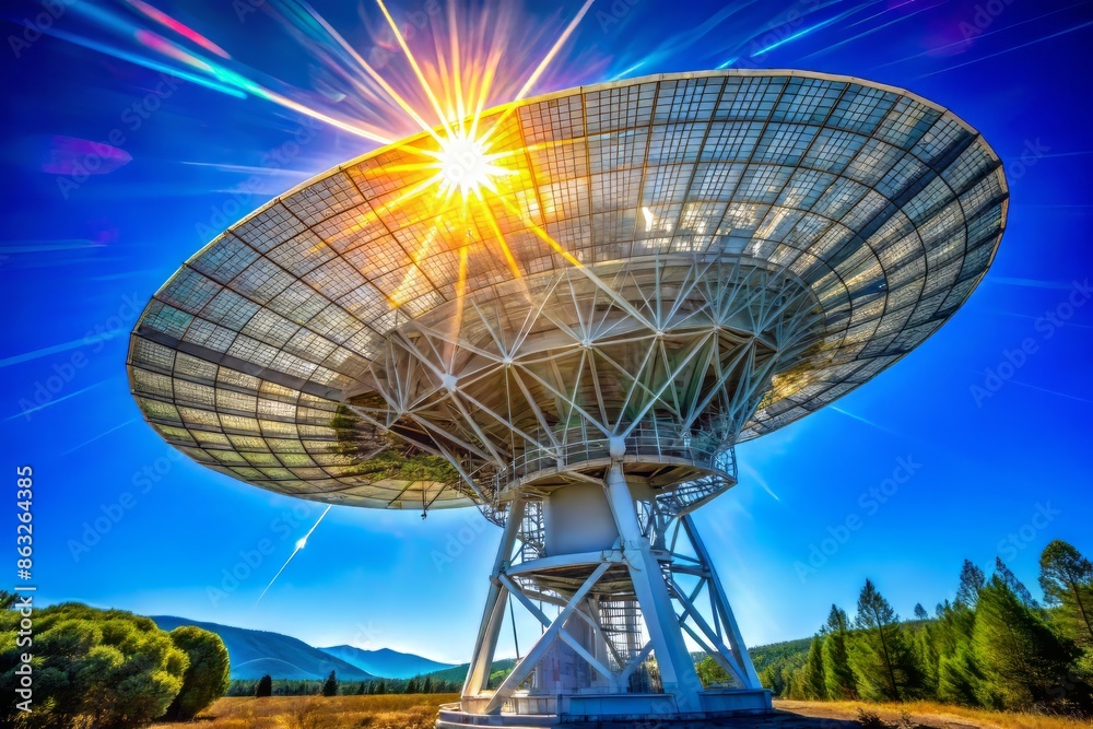 Massive parabolic antenna stands tall against a bright blue sky, with a ...
