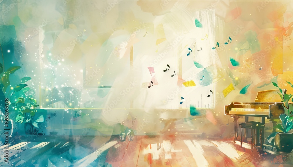 Abstract watercolor painting of a room with a piano, musical notes and ...
