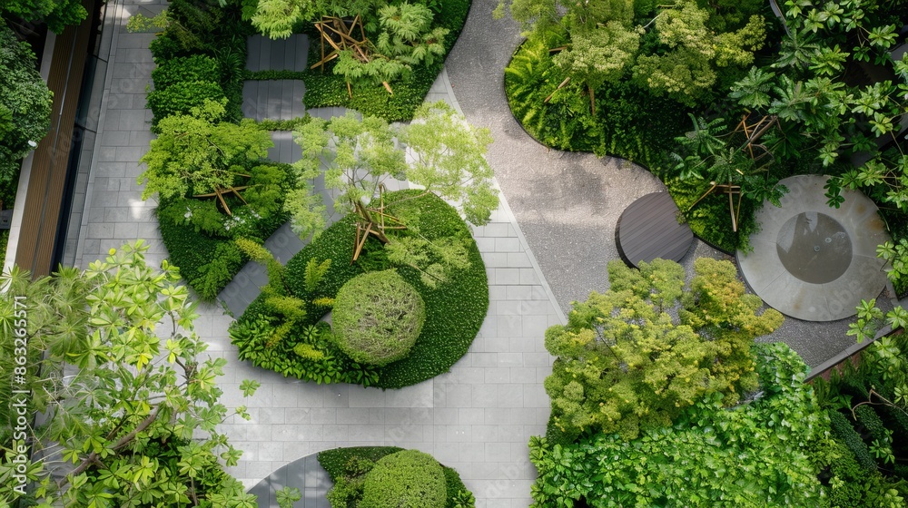 Aerial view of a lush green courtyard with winding pathways and ...