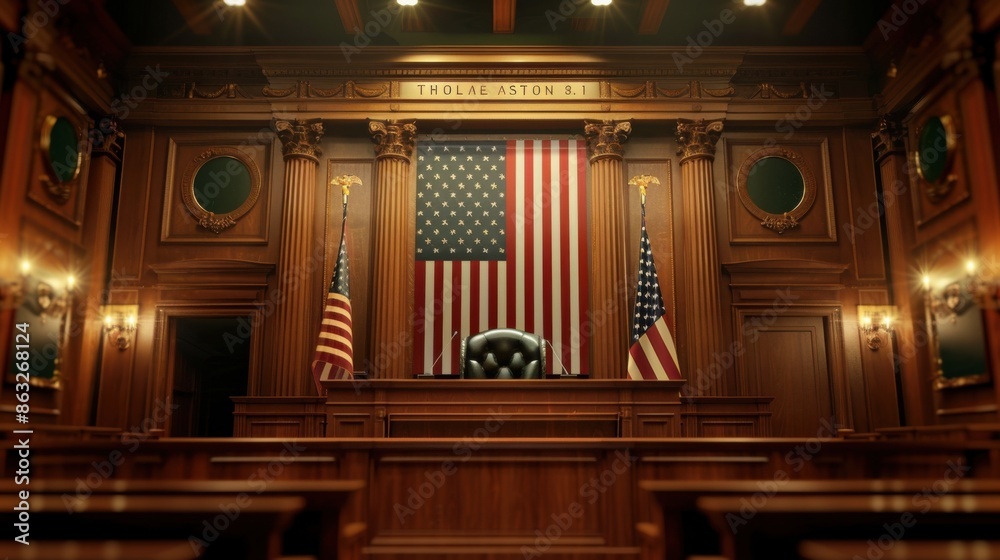 This image depicts an empty courtroom with a dominant wooden interior ...