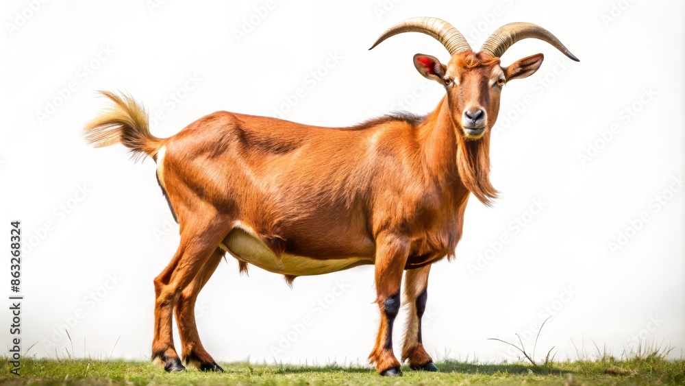 Adult red goat with prominent curved horns and full milk udder stands ...