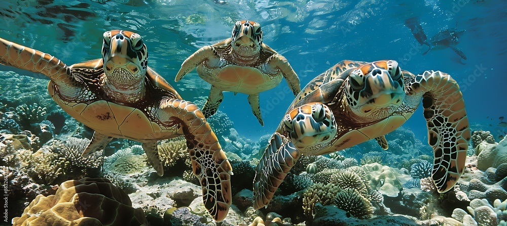 Photo of school of sea turtles shot direction front pose swimming ...