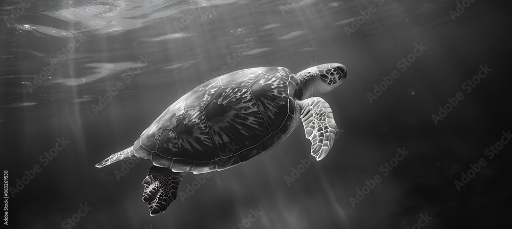 Photo of a sea turtle shot direction from above pose swimming time of ...