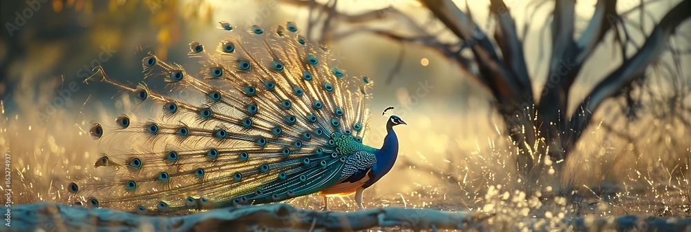 Photo of a single peacock shot direction from the front pose displaying ...