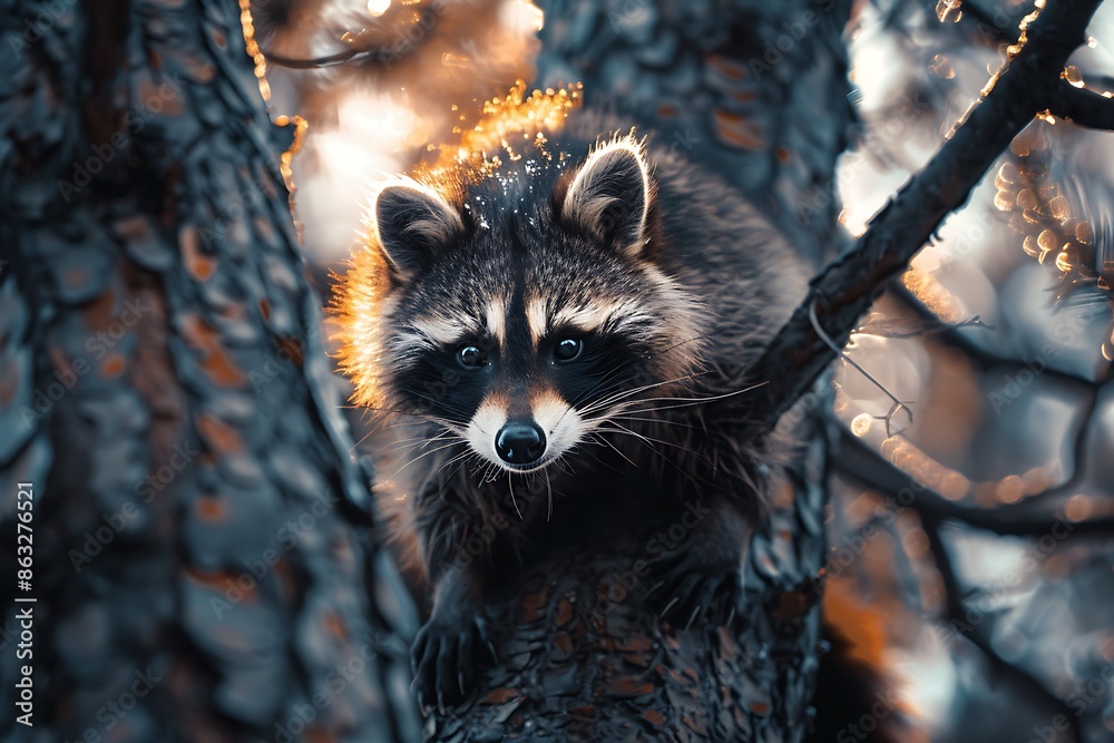 Photo of a single raccoon dog shot direction from above pose climbing a ...