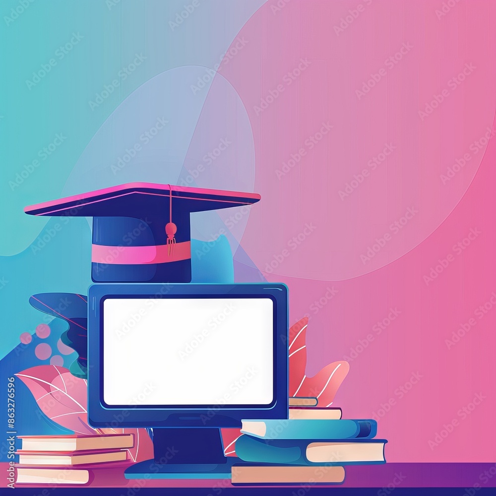 Graduation cap on a computer screen with books, representing online ...