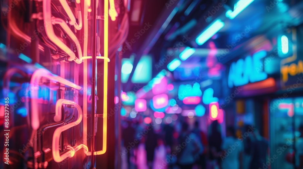 Neon signs illuminate a bustling city street at night, creating a ...