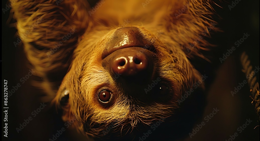 Photo of a sloth shot direction from the front pose hanging upside down ...