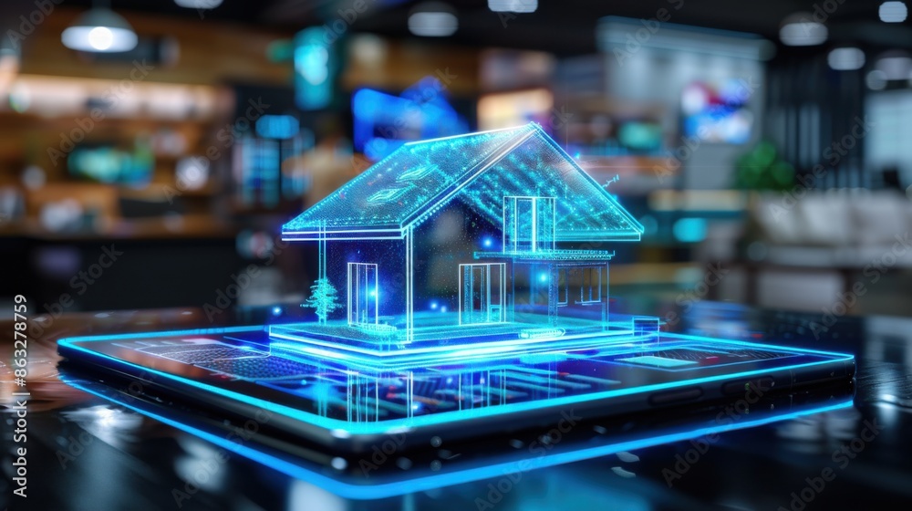 A futuristic 3D hologram model of a small house is displayed on a ...