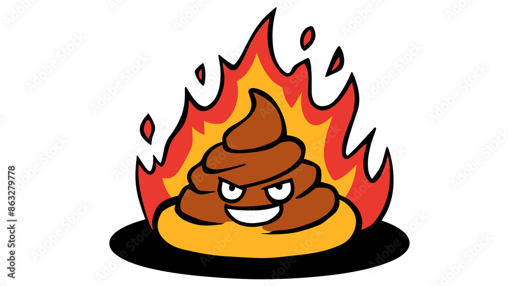 Brown poop pile with a quirky smile meme face on fire with burning ...