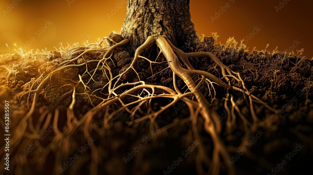 This detailed illustration shows tree roots extending through soil ...