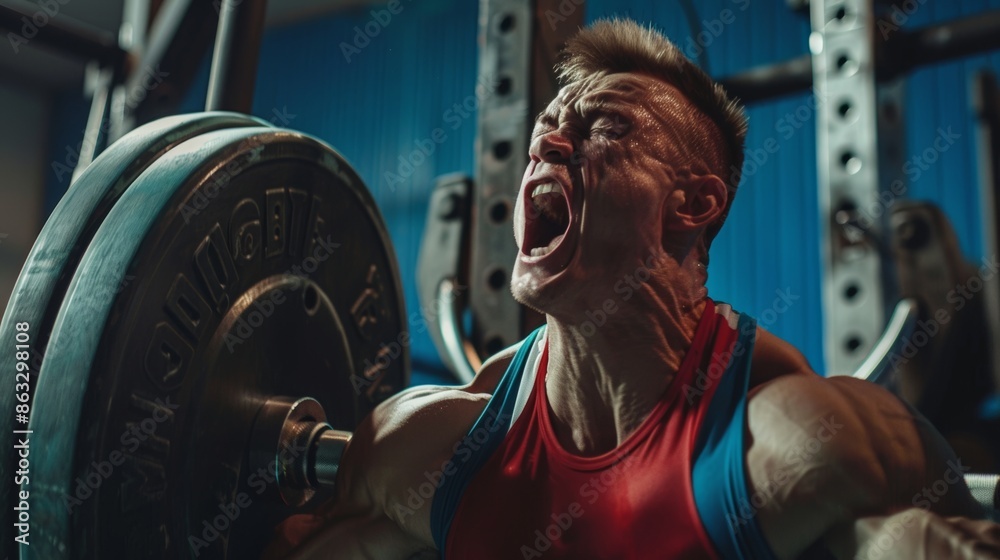This close-up displays the strained muscles of a serious weightlifter ...