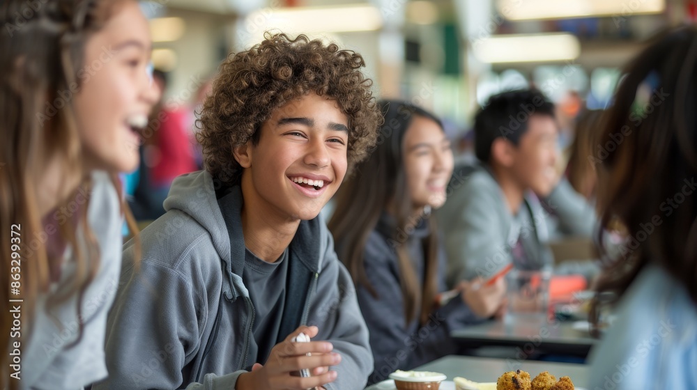 Various students sharing a meal in a lively school cafeteria, with one ...