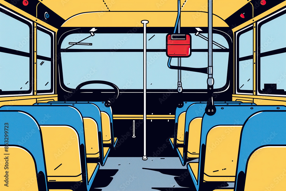 An illustration of the interior of a school bus with empty seats facing ...