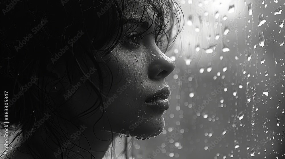 In this image, a woman is shown crying by a window, the rain outside ...