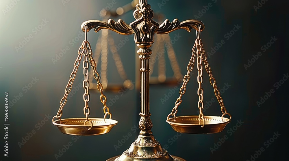 This image features judicial scales made of bronze on a transparent ...