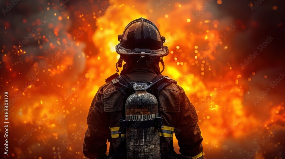 Foto de Back view of a firefighter in full gear against a fiery ...