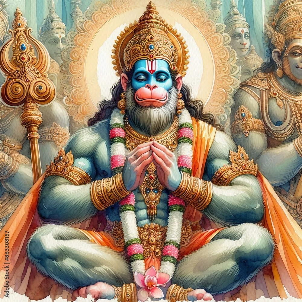 Watercolor Close-Up Painting of Lord Hanuman's Devotional Stance Stock ...