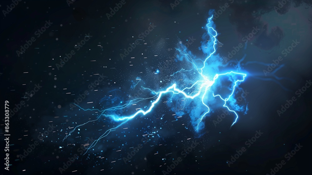 VFX effect of a lightning bolt striking the ground. Blue electric or ...