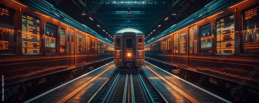 Symmetrical view of a train parked between platforms with illuminated ...