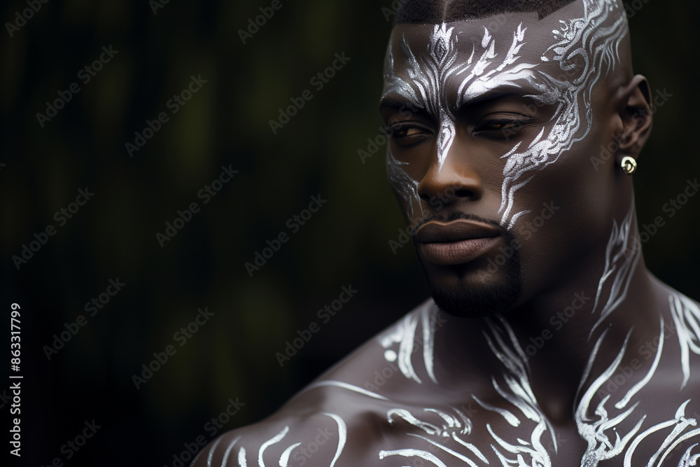 Portrait of African male model with liquid silver paint on his skin ...
