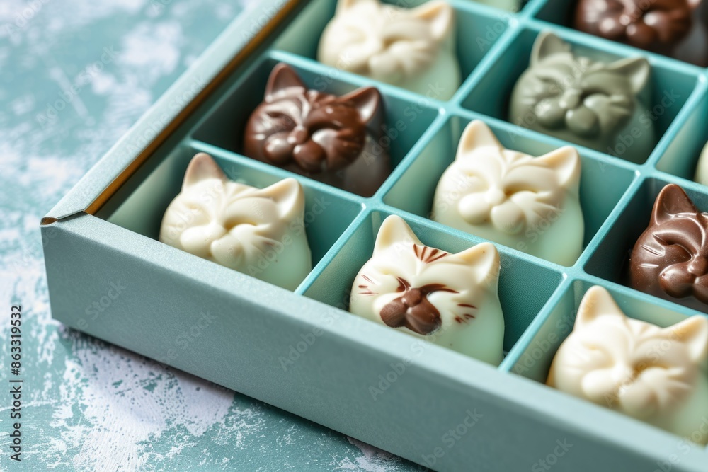 box of chocolates in the shape of cats. cat face shape dessert foto de ...