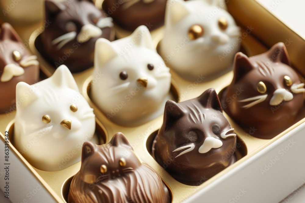 box of chocolates in the shape of cats. cat face shape dessert Stock ...