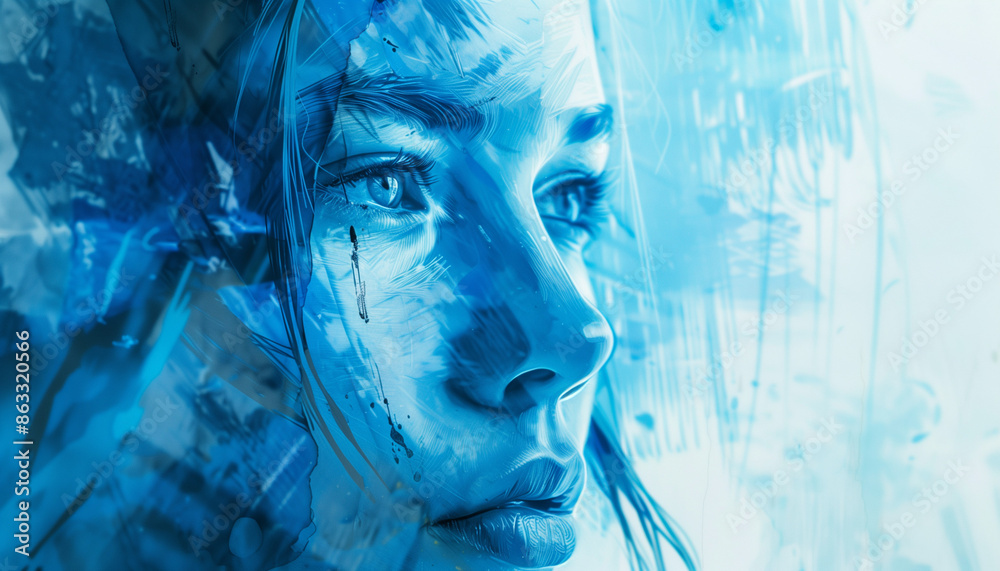 blue paint. Abstract beautiful white woman on a white background, a ...