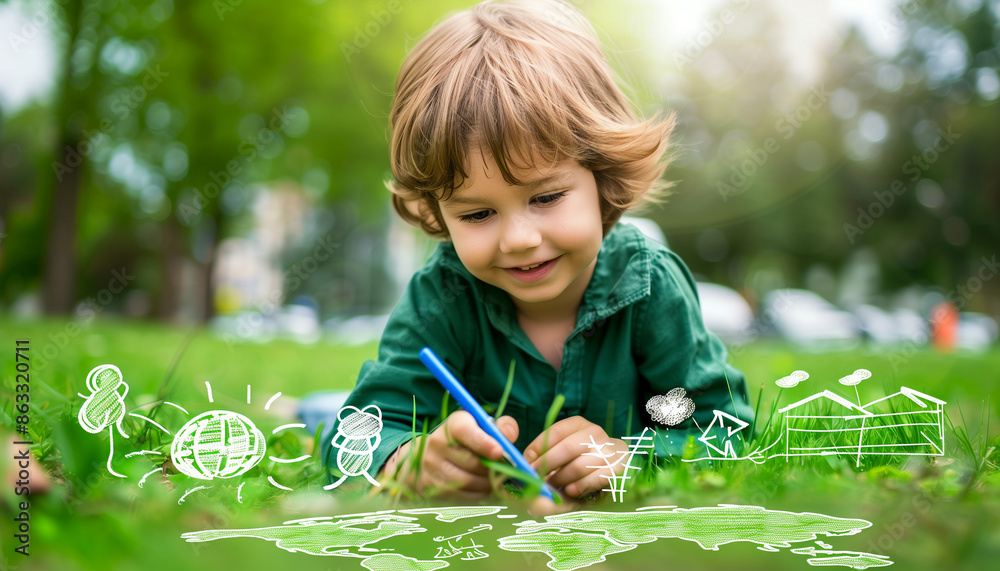 Child drawing outlines sustainability ecology save environment concept ...
