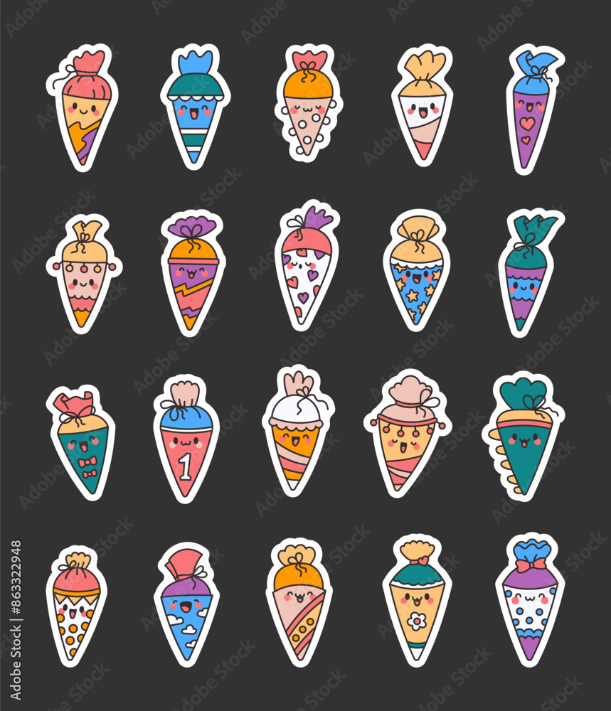 Cute kawaii school cones for the first day of school. Sticker Bookmark ...