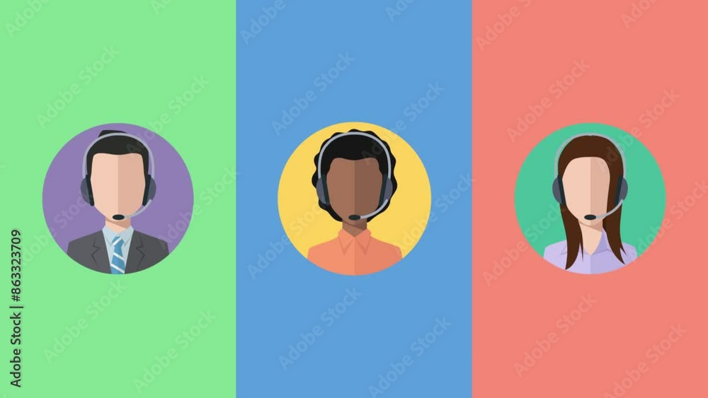 Three customer support avatars. Flat design animation. The middle ...