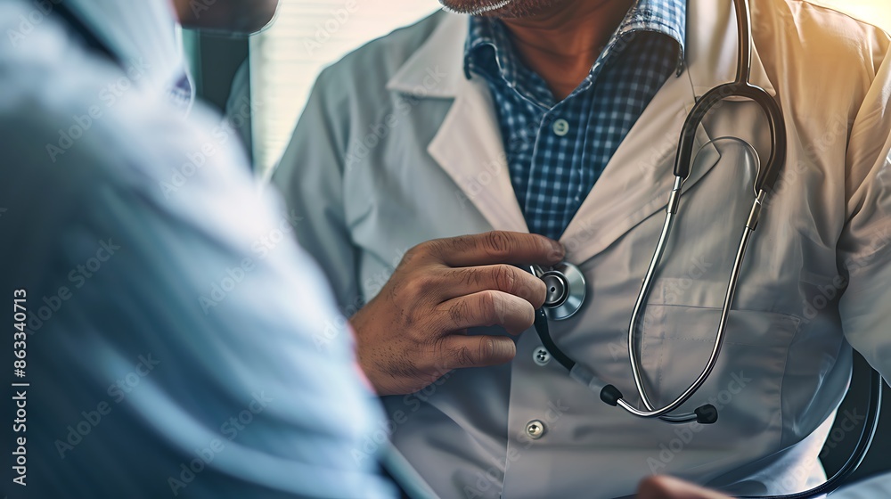 Doctor using a stethoscope to listen to a patient's heartbeat profound ...