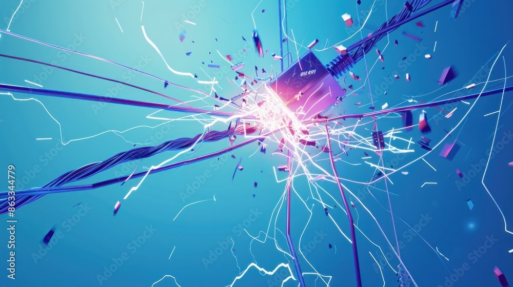 Electrical cable break with high voltage electric discharge Power line ...