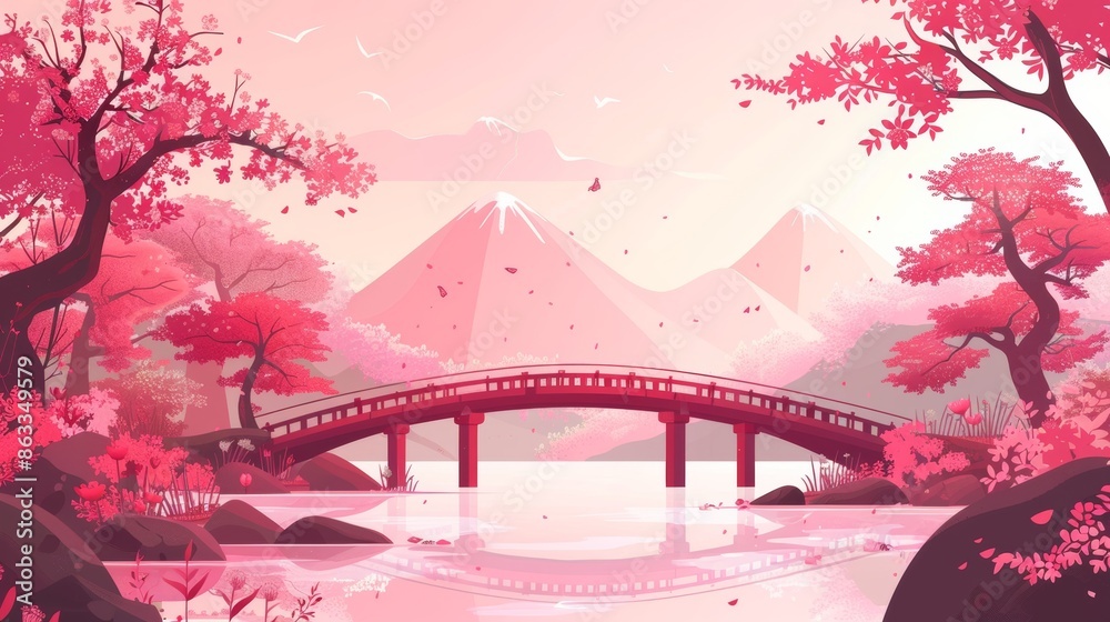 Modern cartoon spring garden landscape with cherry blossom trees ...