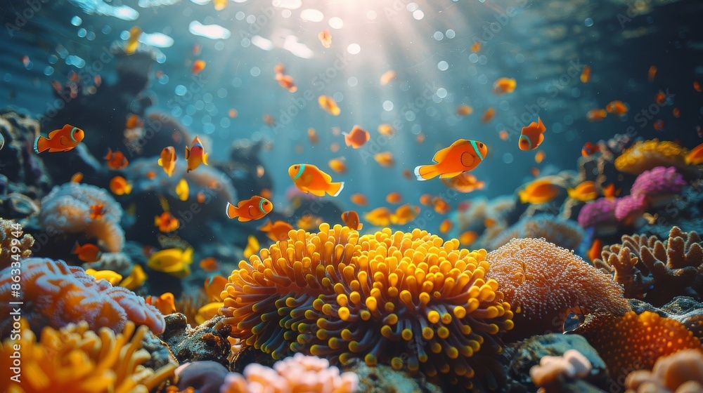 Double exposure silhouette with marine life, capturing a vibrant coral ...