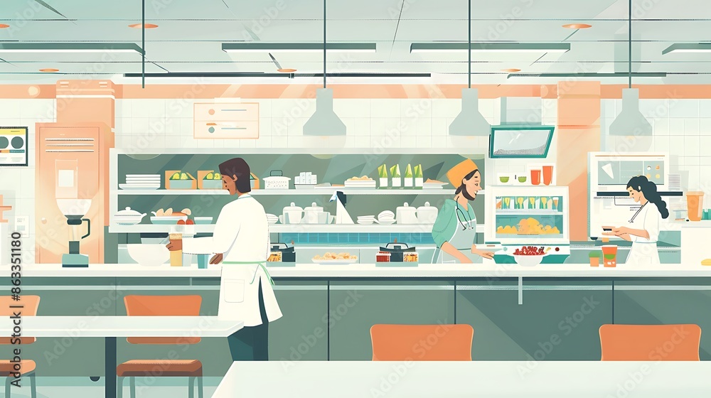 Hospital cafeteria with medical staff taking a break and eating meals ...