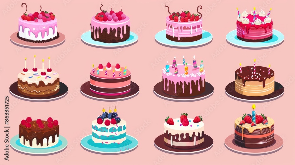 Vector design of a set of birthday cakes Collection includes colorful ...
