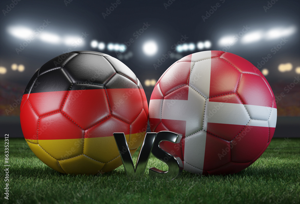 Two soccer balls in flags colors on a stadium blurred background ...