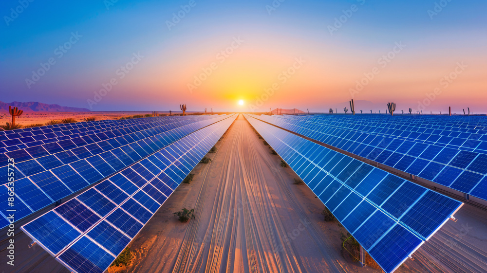 Expansive solar panel farm in sunlit desert landscape harnessing ...