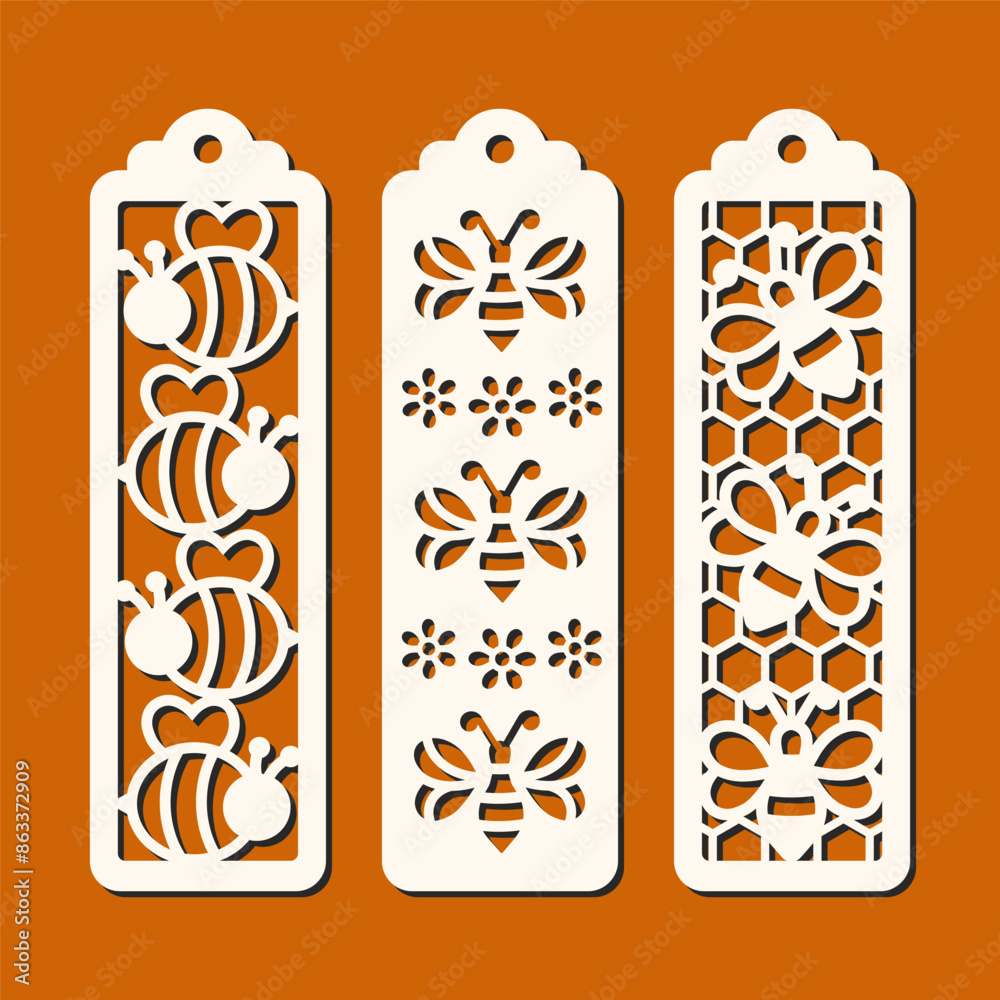 Set of vertical bookmarks with bee pattern. Laser cut template ...