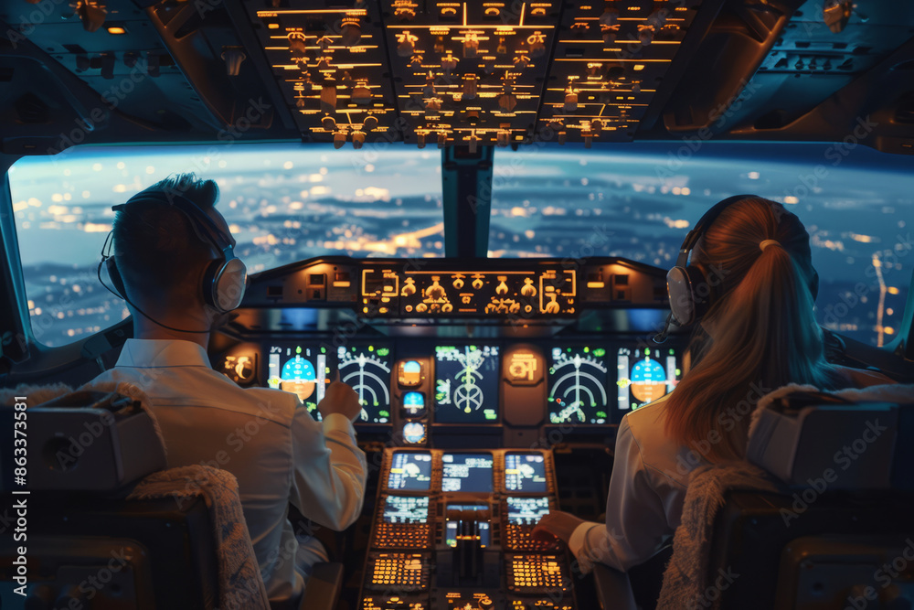 Pilot and co-pilot during a night flight with glowing accessories ...