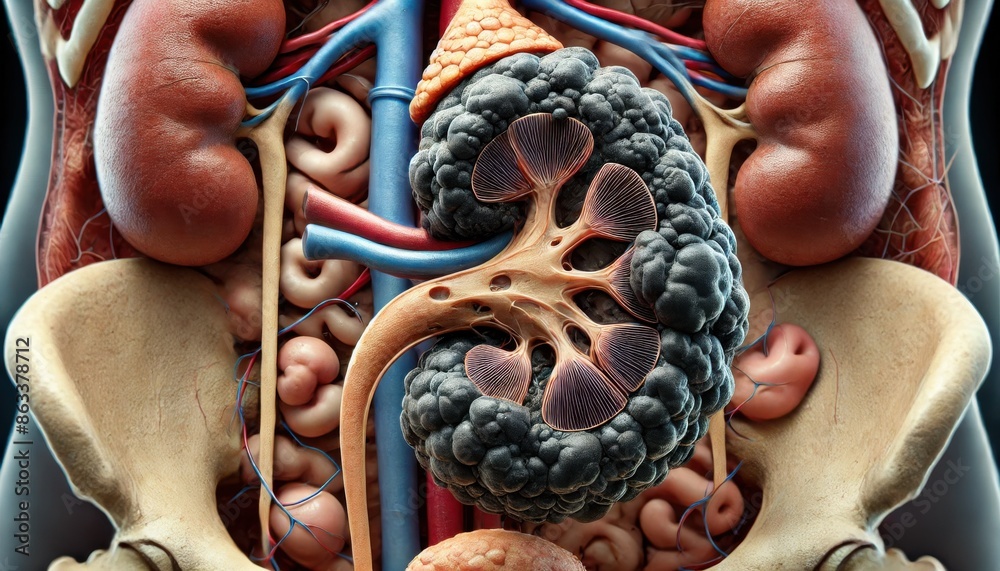 Detailed Anatomical Illustration of Human Kidney System and Adrenal ...