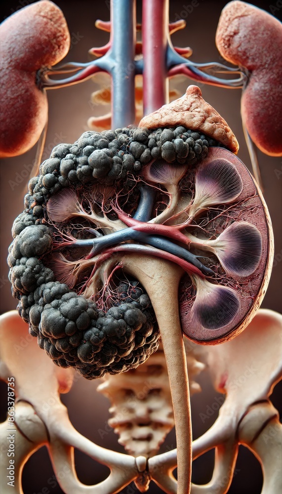 Detailed Anatomical Illustration of Human Kidneys with Tumor Showcasing ...