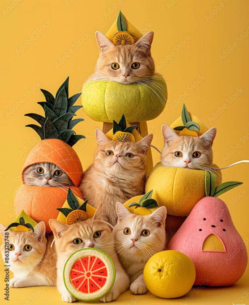 Japanese ad for cute cat hats shaped like different fruits, Each fruit ...