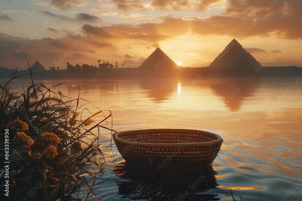 divine voyage baby moses peacefully floating in woven basket along nile ...