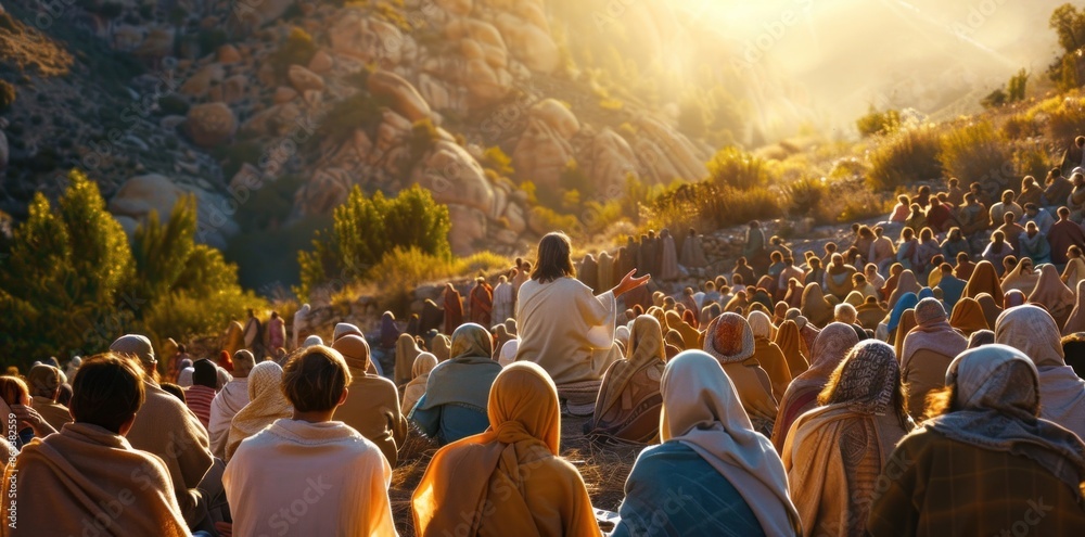 Jesus teaching on a mountaintop in the Sermon on the Mount. Concept ...