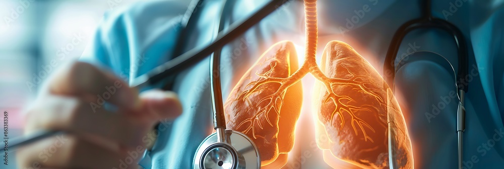 Pulmonologist using a stethoscope to assess lung function in a patient ...