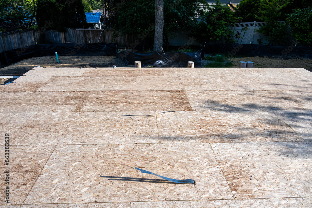 New home construction, subfloor built on foundation, sill plates ...